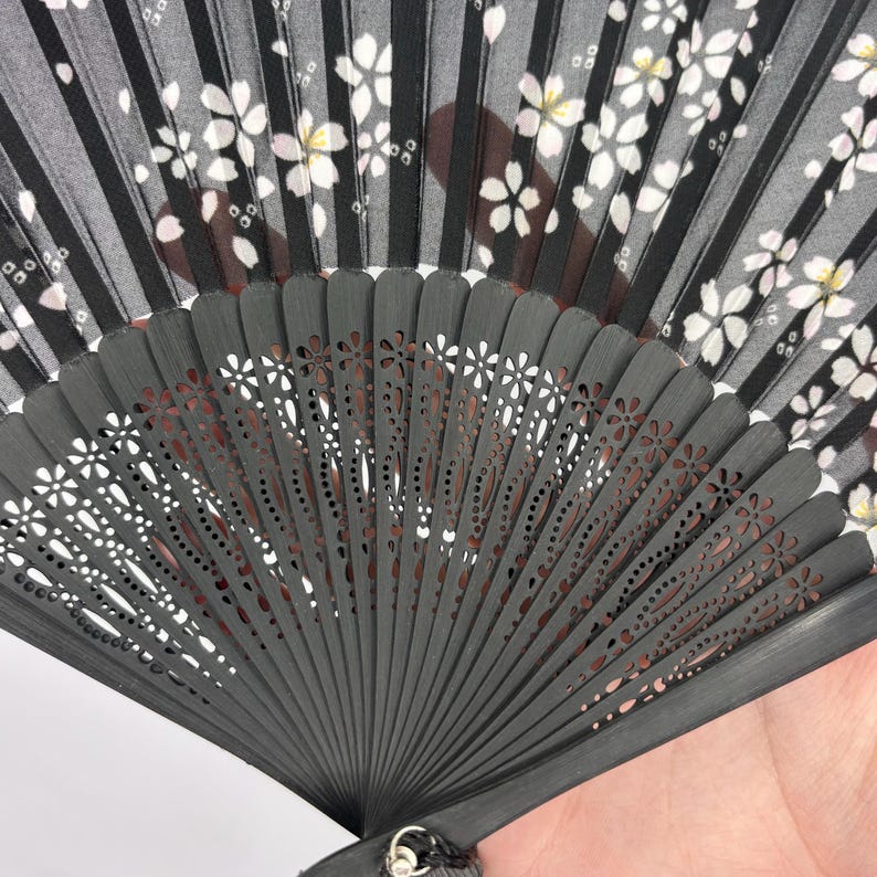 Black Sakura Fan, Silk Bamboo Fan, Floral Hand Fan, Pink Blossom Fan ...