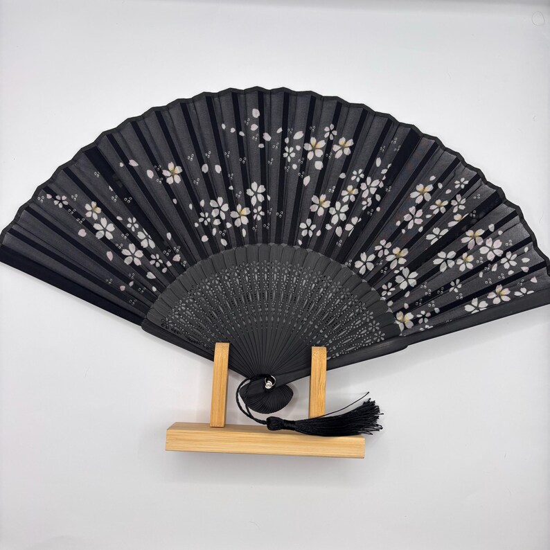 Black Sakura Fan, Silk Bamboo Fan, Floral Hand Fan, Pink Blossom Fan ...