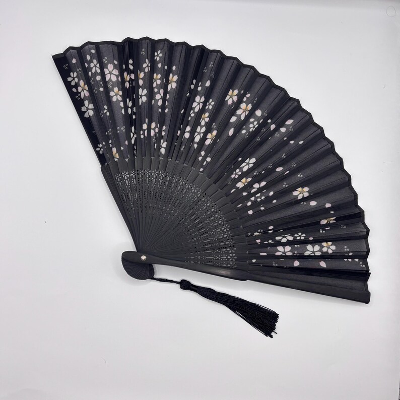 Black Sakura Fan, Silk Bamboo Fan, Floral Hand Fan, Pink Blossom Fan ...