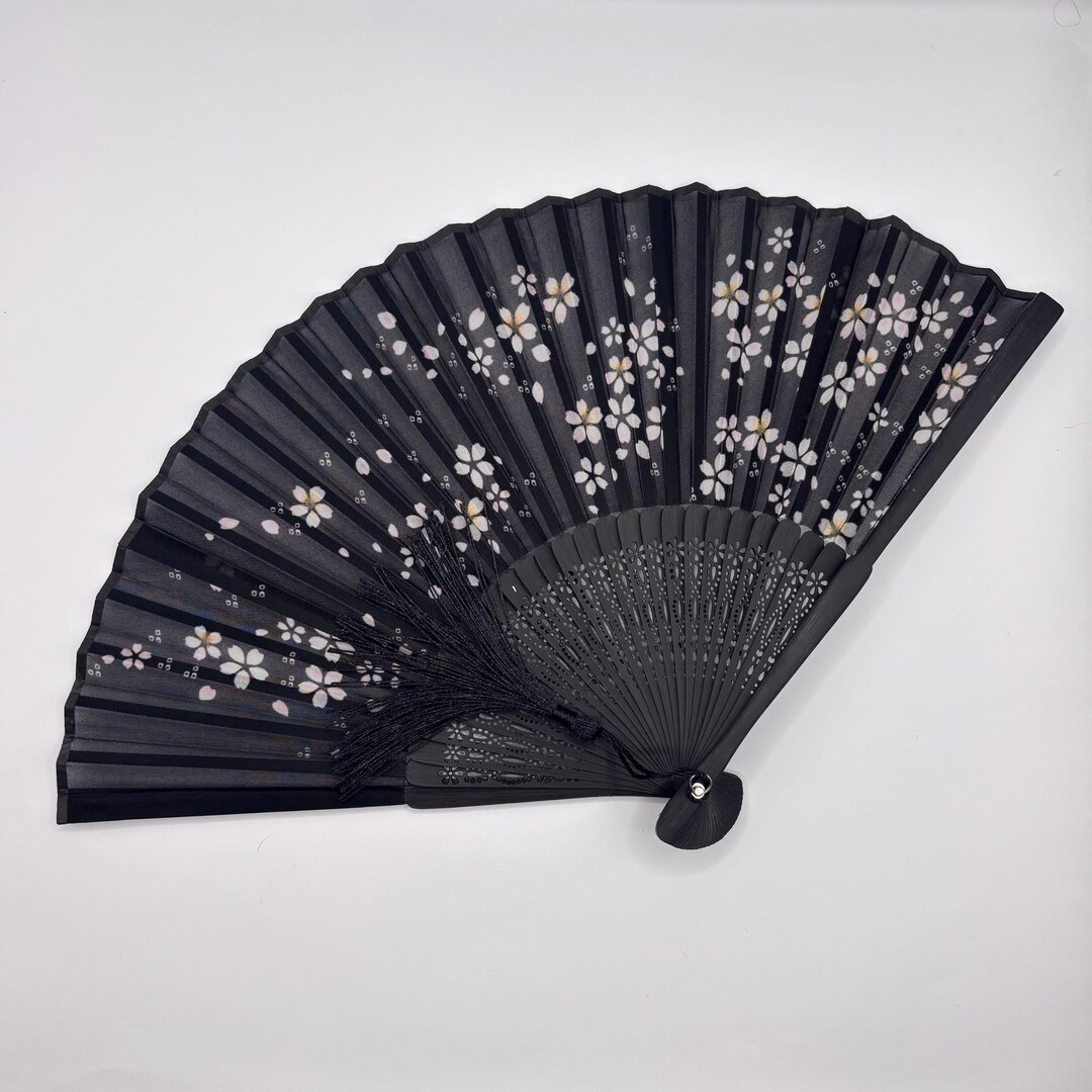 Black Sakura Fan, Silk Bamboo Fan, Floral Hand Fan, Pink Blossom Fan ...