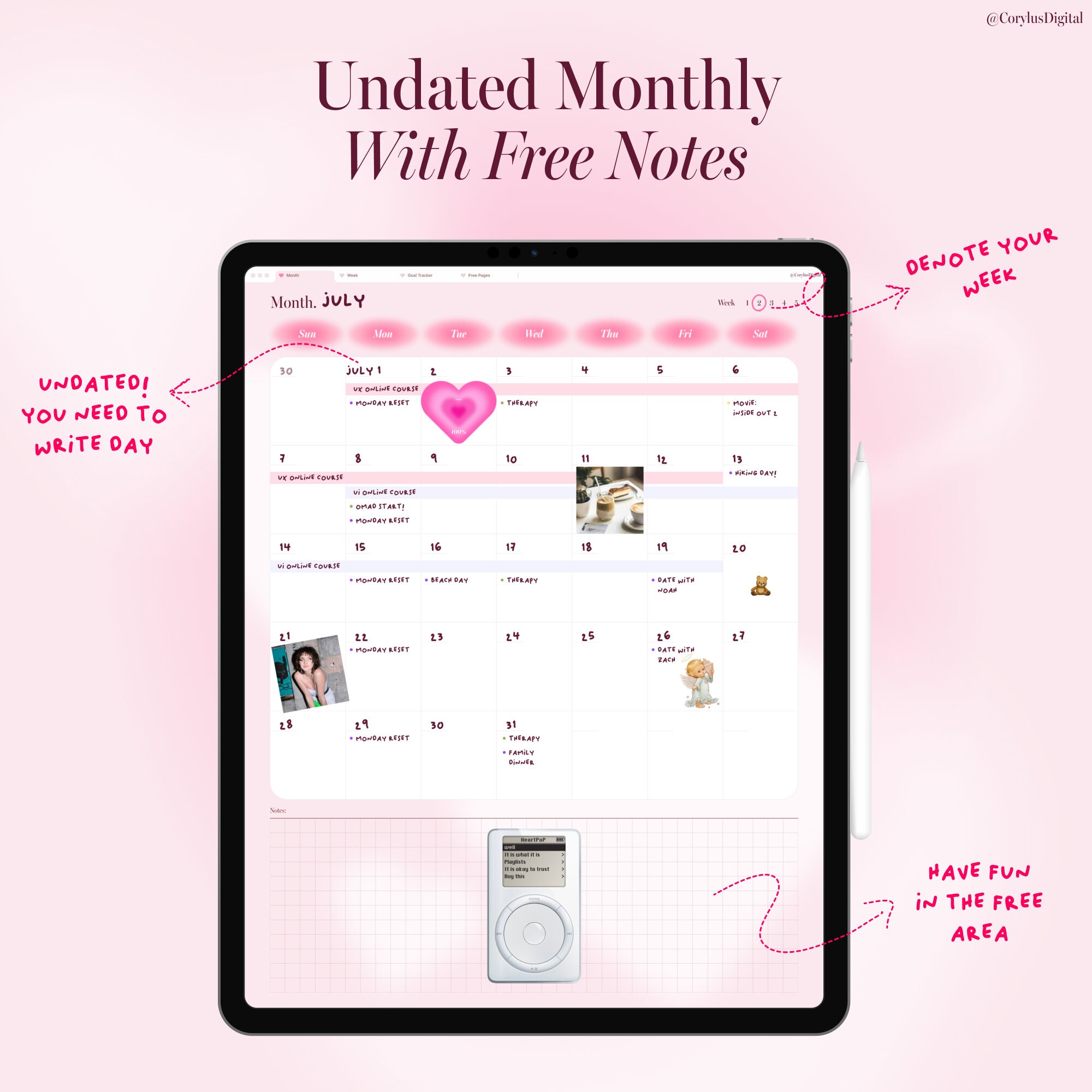 Heartpop Undated Planner, Pink Digital Planner, Goodnotes Planner, iPad ...