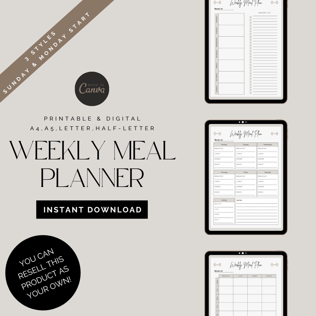 Weekly Meal Planner | Canva Template | Meal Prep, Grocery List, Food ...