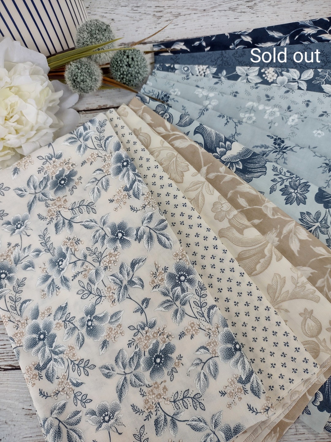 CASCADE 3 Sisters Moda Fabrics Blue Navy Beige White Floral Fabric ...