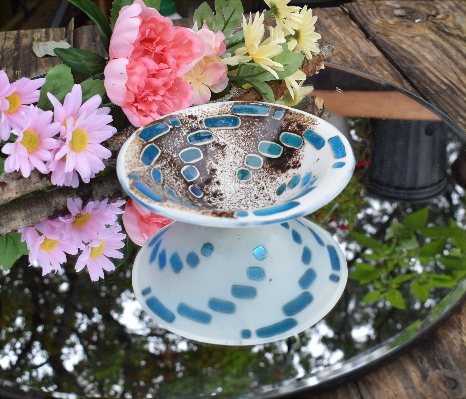 Fused Glass Bowl, Vanilla Cream and Brown, Cone Bowl, Light Blue ...