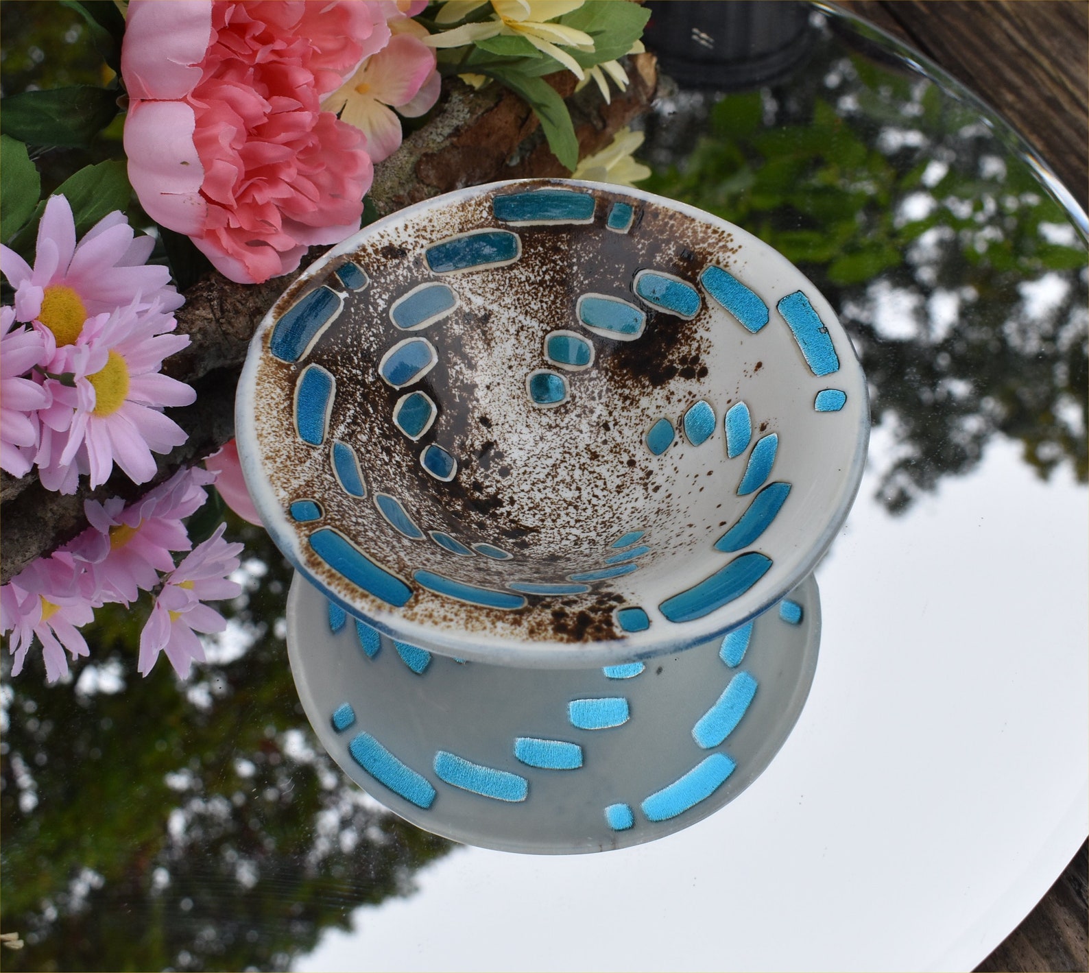 Fused Glass Bowl, Vanilla Cream and Brown, Cone Bowl, Light Blue ...