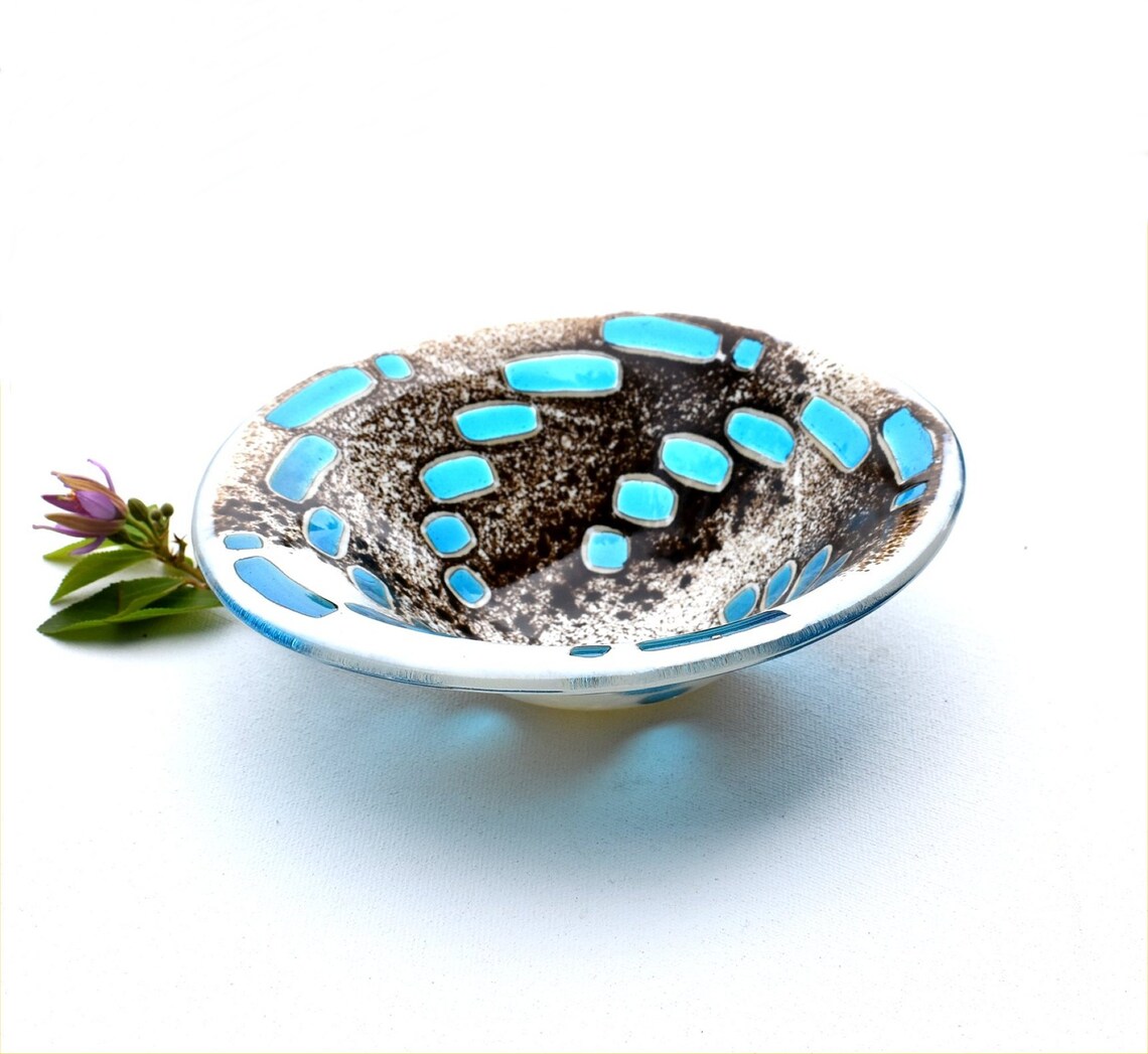 Fused Glass Bowl, Vanilla Cream and Brown, Cone Bowl, Light Blue ...