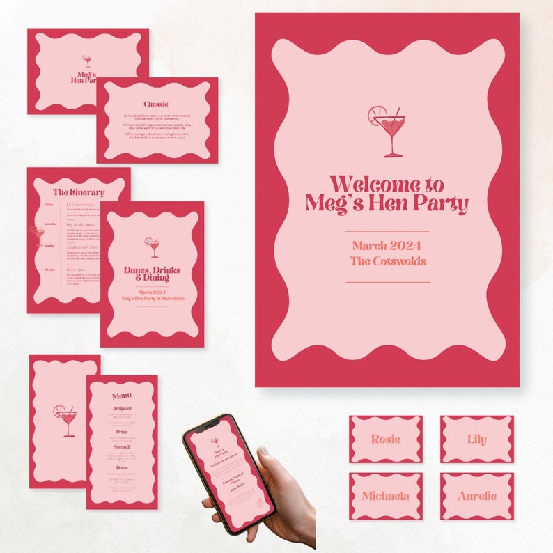 Funky Pink Wavy Frame Event Template Bundle | Welcome Sign, E-invite ...