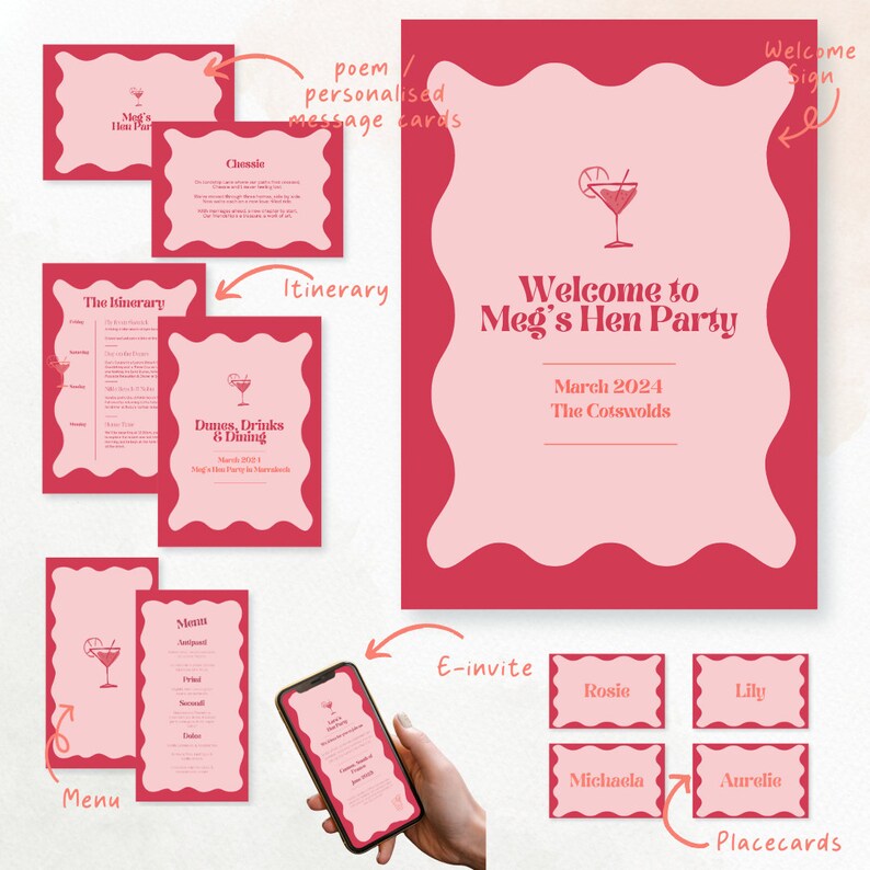 Funky Pink Wavy Frame Event Template Bundle | Welcome Sign, E-invite ...