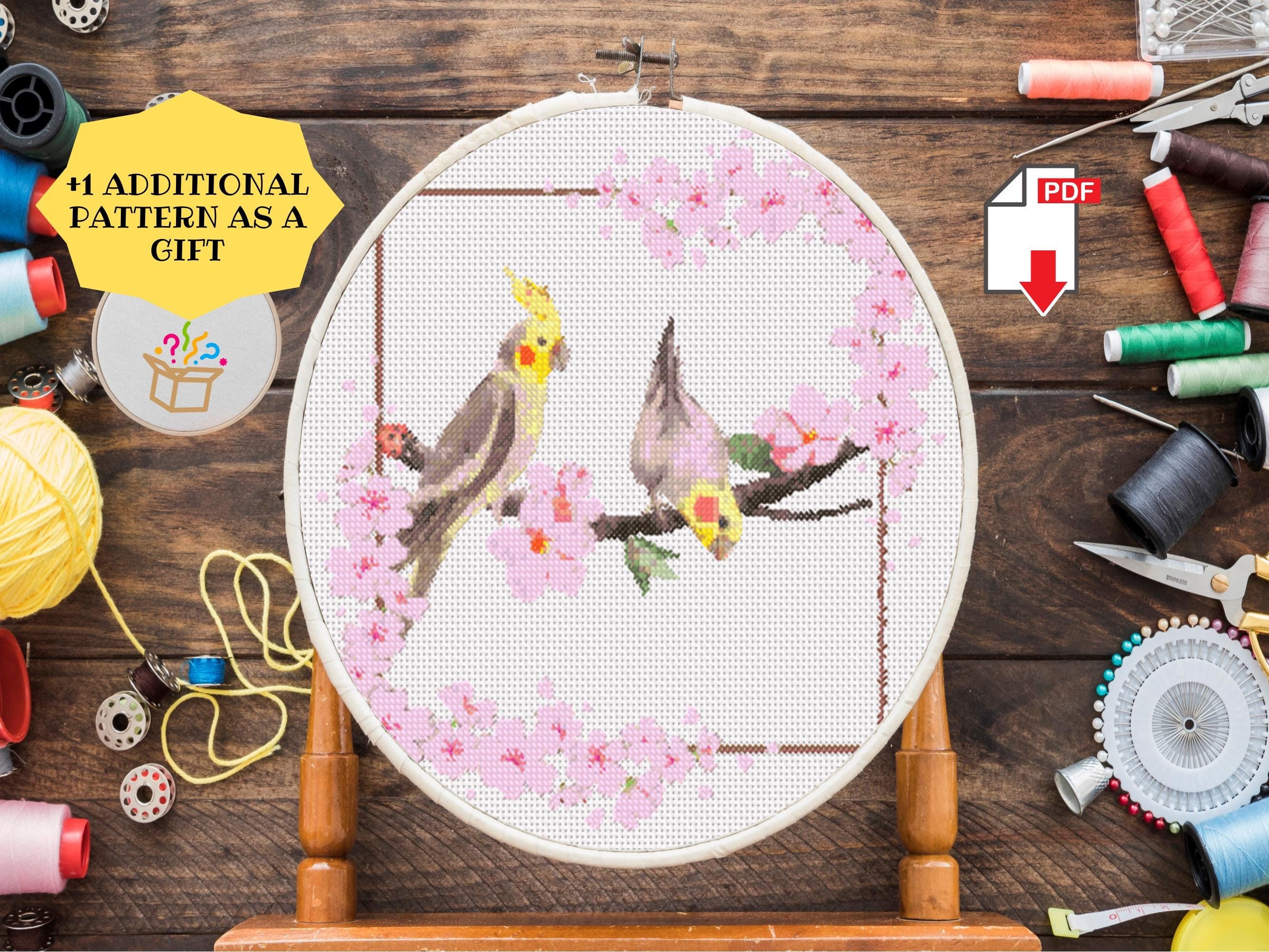 Cockatiel Pair Cross Stitch Pattern: Cherry Blossom Bird Embroidery ...
