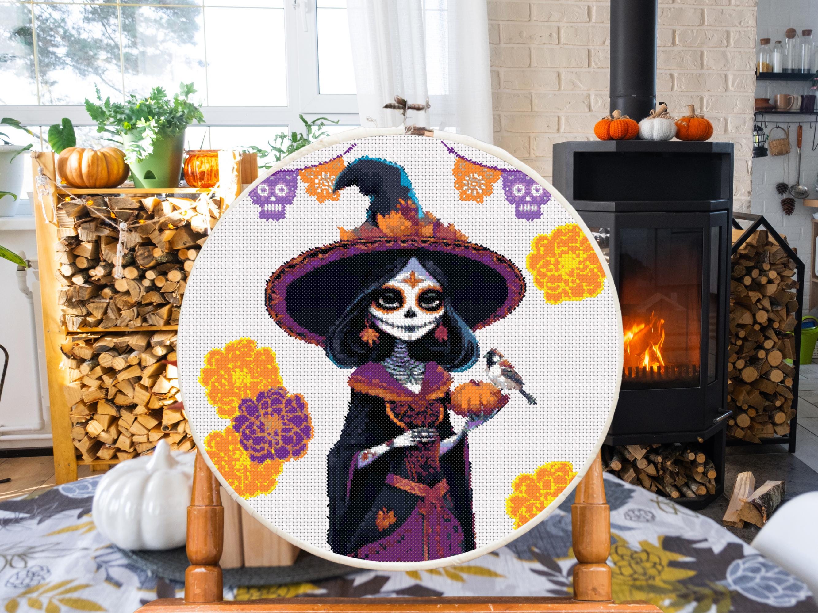 Witch Catrina Cross Stitch Pattern: Day of the Dead Skull & Sparrow ...