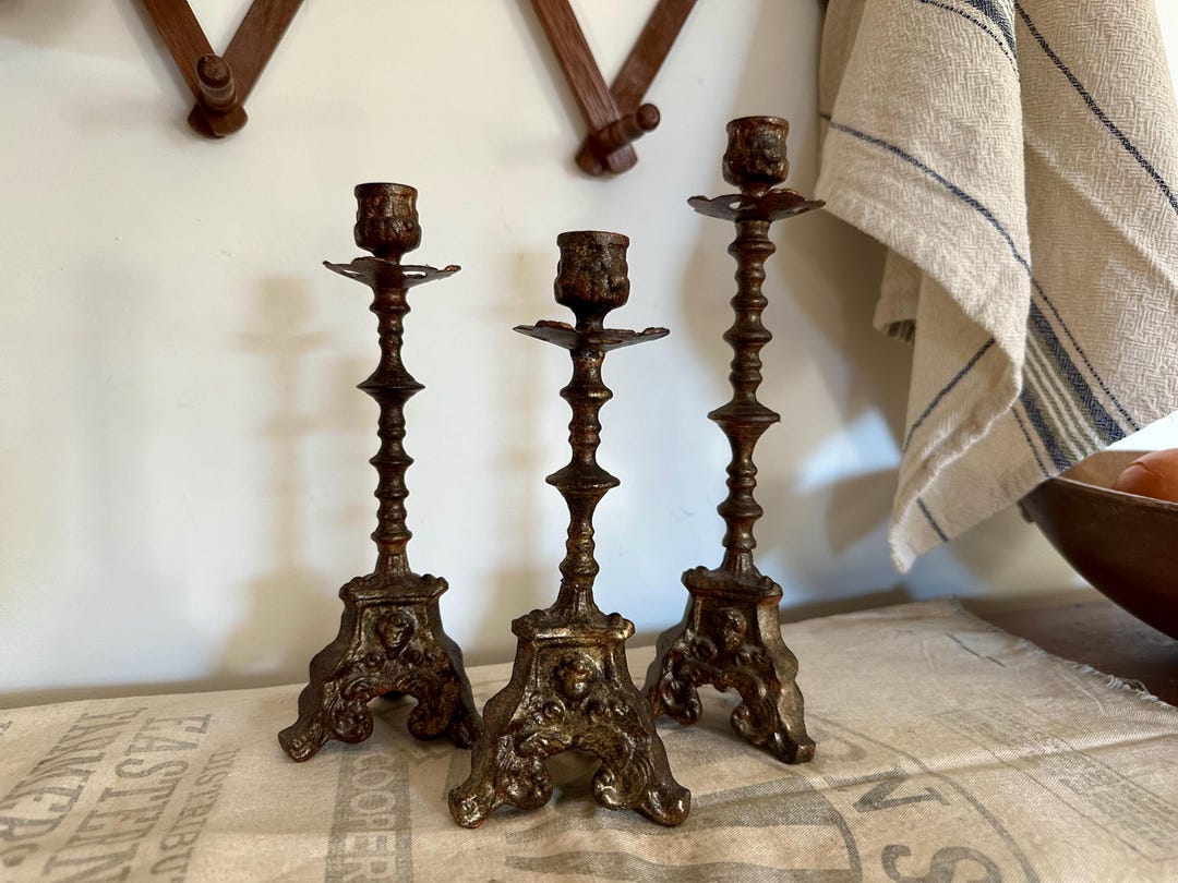 Set of 3 Antique Cast Iron Candlesticks Painted Iron Candle Holder ...
