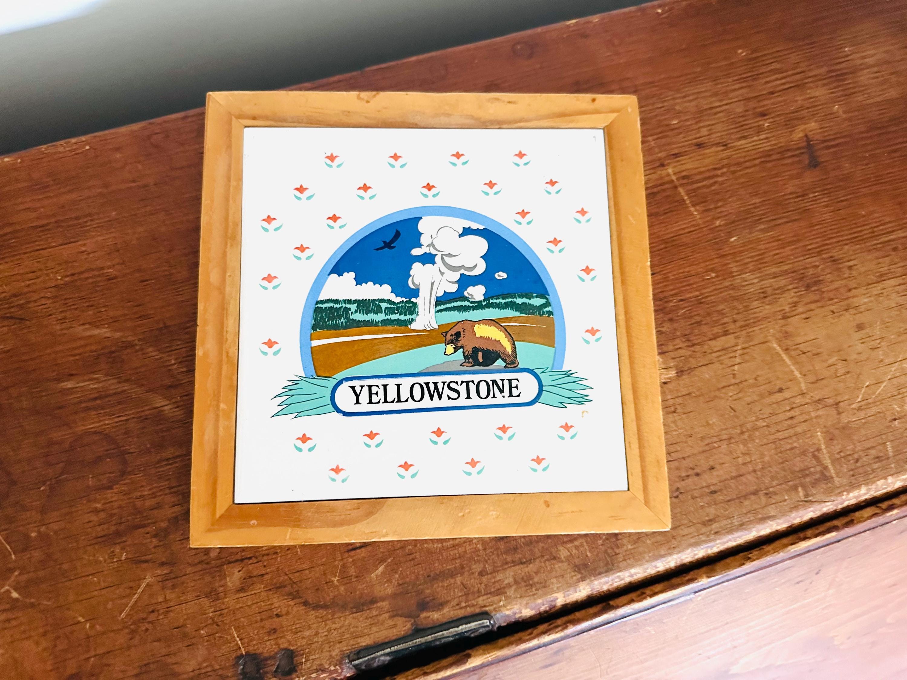 Vintage Yellowstone Tile Trivet With Bear and Old Faithful in Wooden ...