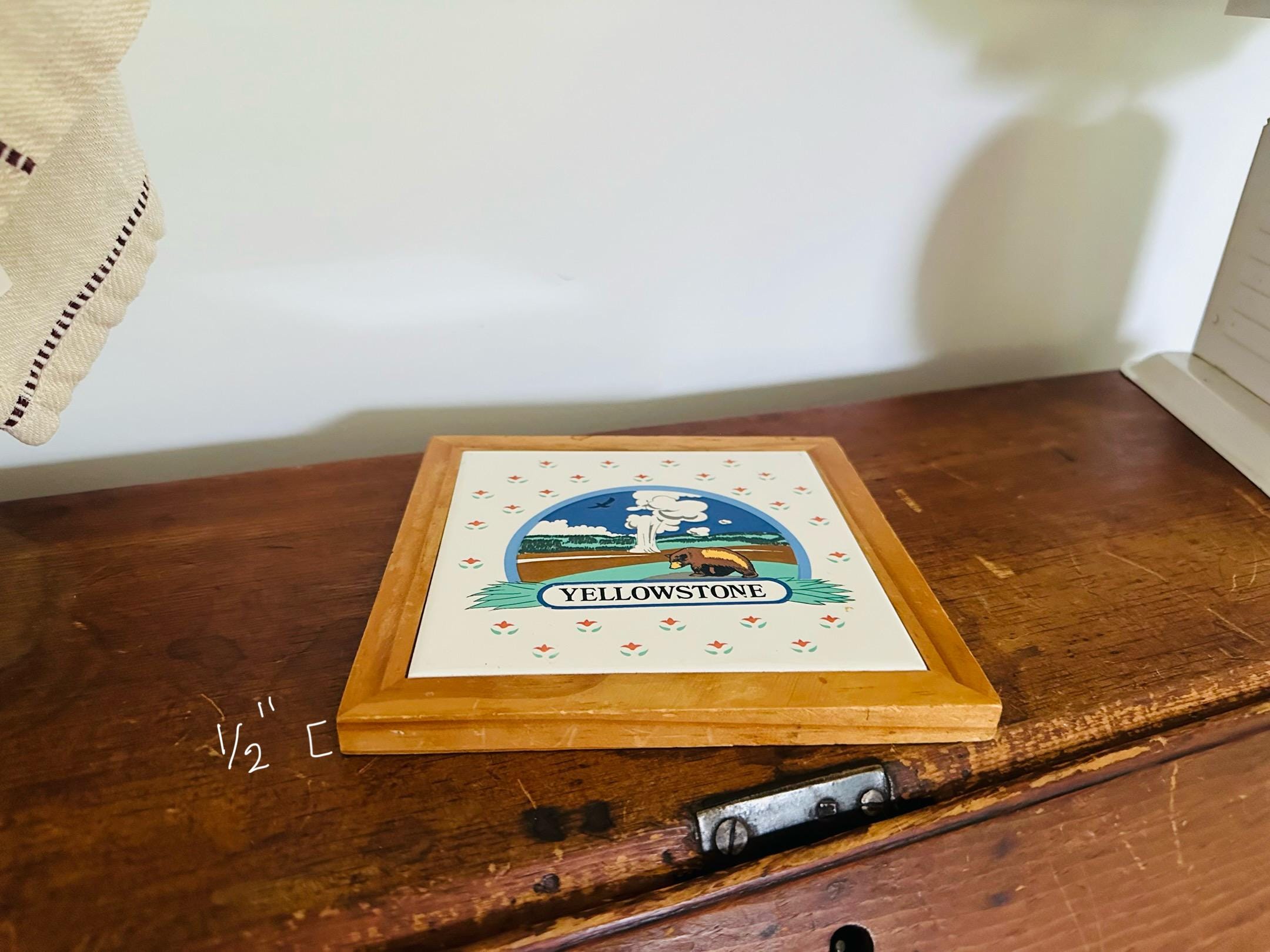 Vintage Yellowstone Tile Trivet With Bear and Old Faithful in Wooden ...