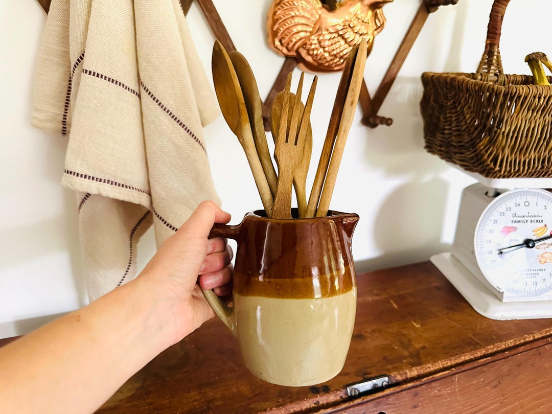 Small Vintage Tri-color Stoneware Crock Pitcher Kitchen Utensil Holder ...