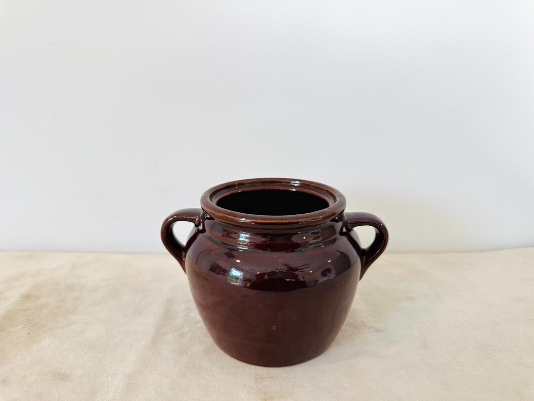 Small Vintage Brown Glazed Stoneware Crock With Handles; Bean Crock ...