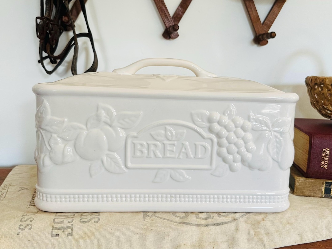 Vintage White Ceramic Bread Box With Fruit Designs; Country Cottage ...