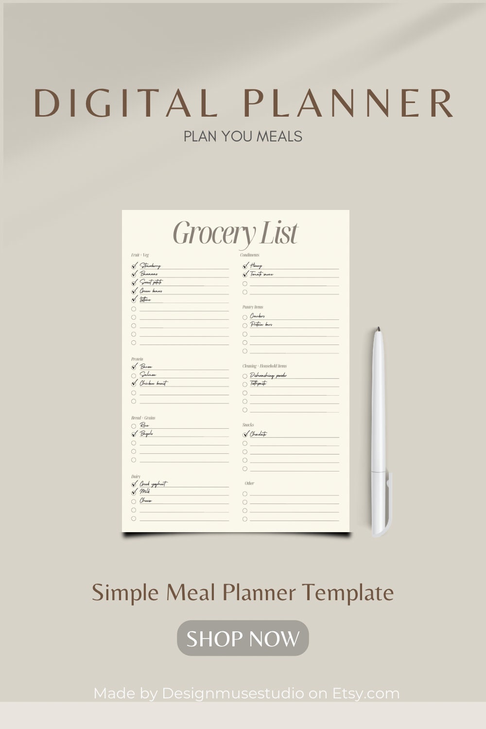 Digital Meal Planner, Downloadable Digital Planner, Minimalist, Meal ...