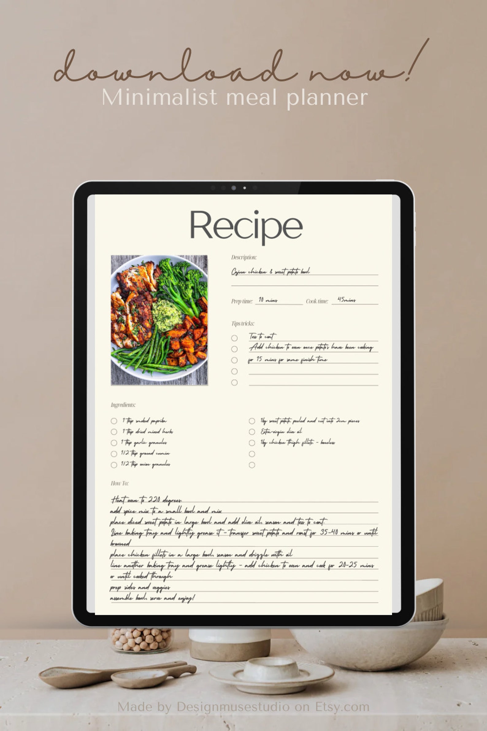 Digital Meal Planner, Downloadable Digital Planner, Minimalist, Meal ...