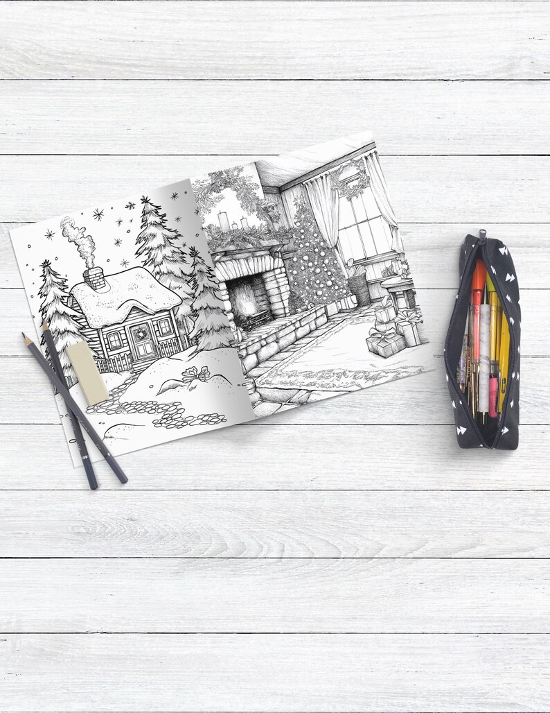 Christmas Cottage Coloring Book: 30 Cozy Winter Scenes (digital ...