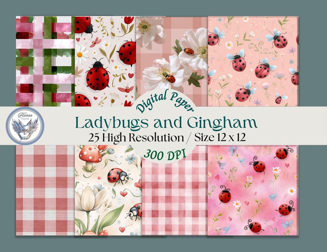 Ladybug and Gingham Seamless Pattern Paper Set – Whimsical Red & Black ...