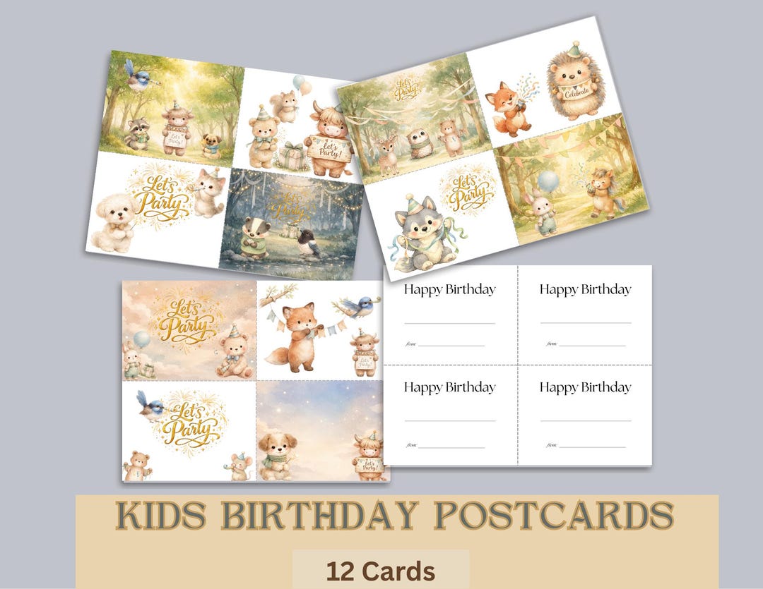 Kids Birthday Postcards Printable Set, Woodland Animals, 12 Designs ...