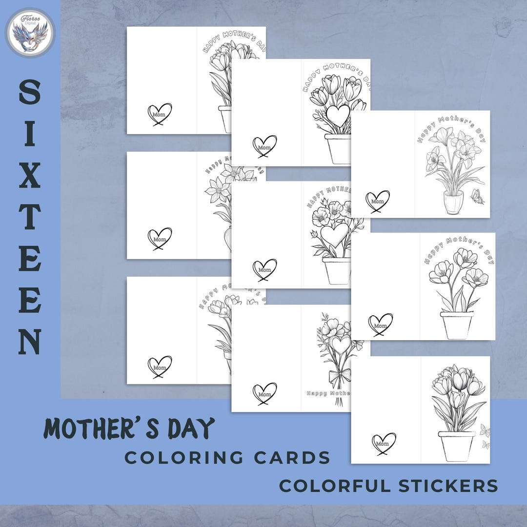Mother's Day Foldable Coloring Cards – Digital Printable Set – 16 Cards ...