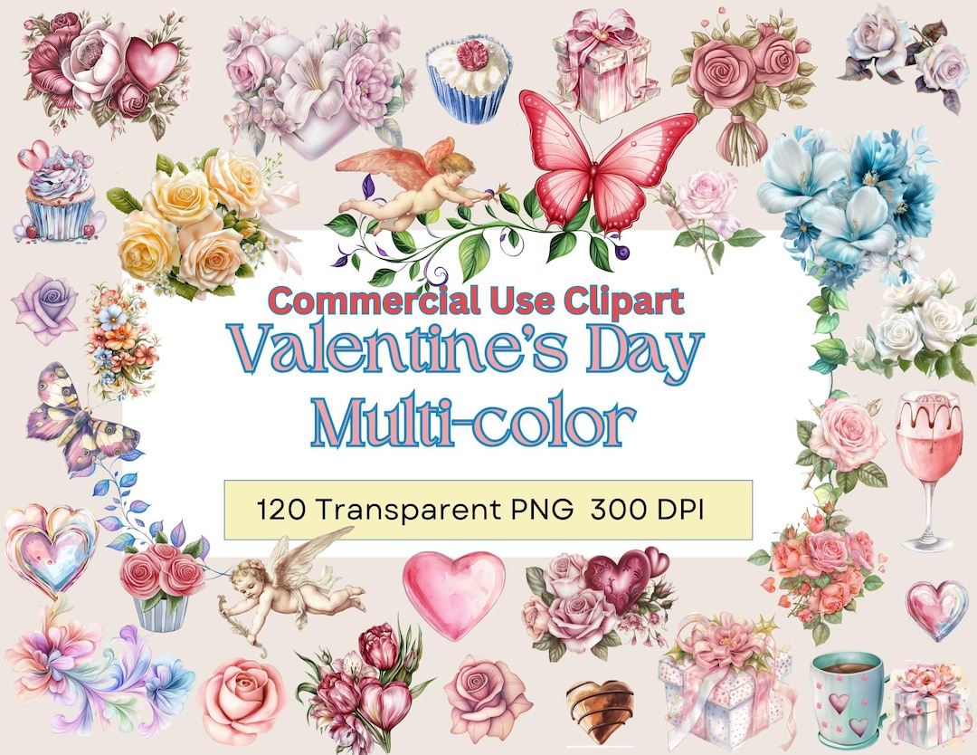 Valentine's Day Multicolor Clip Art Pack 120-piece - Etsy