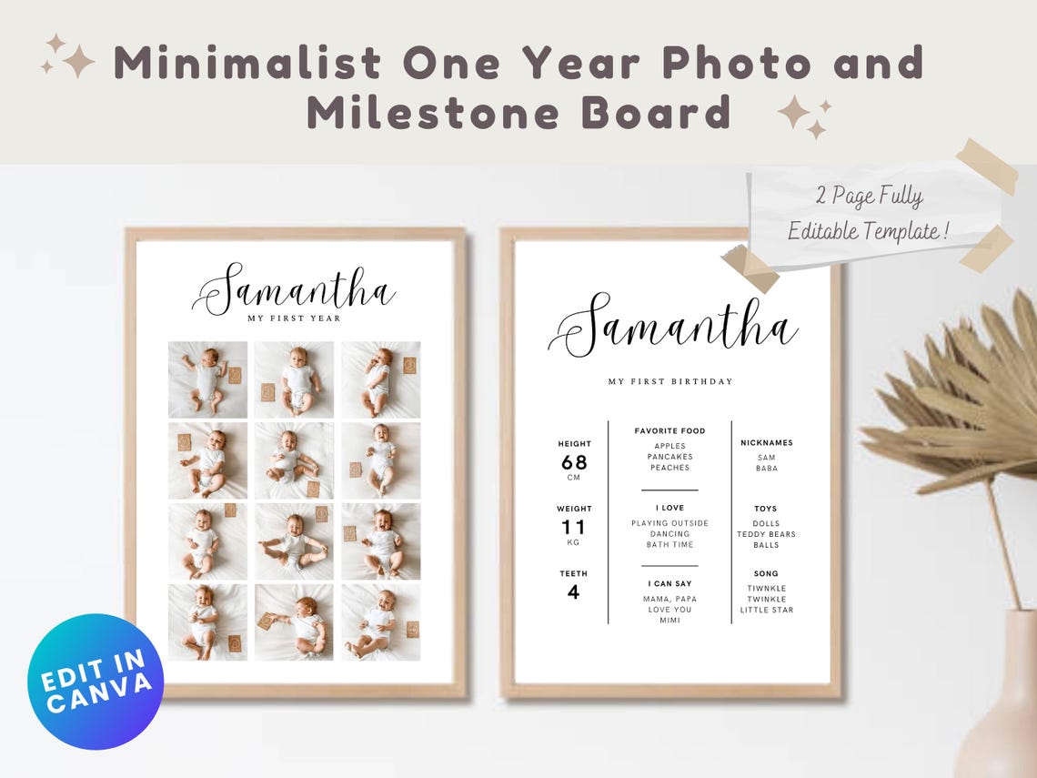EDITABLE Minimalist One Year Photo and Milestone Board, Printable Baby ...