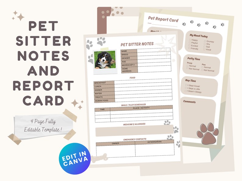 Editable Pet Sitter Notes, Pet Report Card Template, Dog Cat Report ...