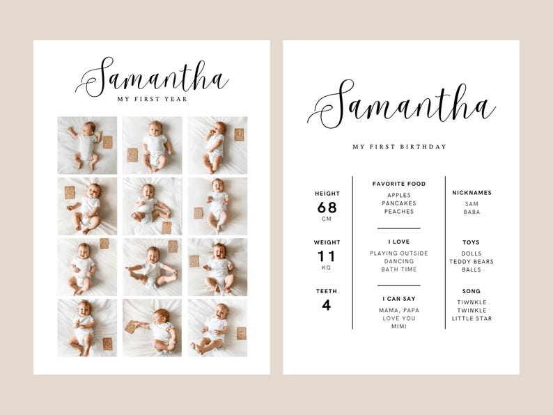 EDITABLE Minimalist One Year Photo and Milestone Board, Printable Baby ...