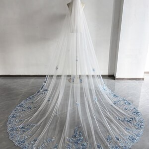 Fairy Blue Flower Bridal Veil Custom Wedding Veil for Bridal Blue ...