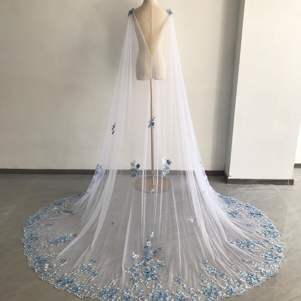Fairy Blue Flower Bridal Veil Custom Wedding Veil for Bridal Blue ...