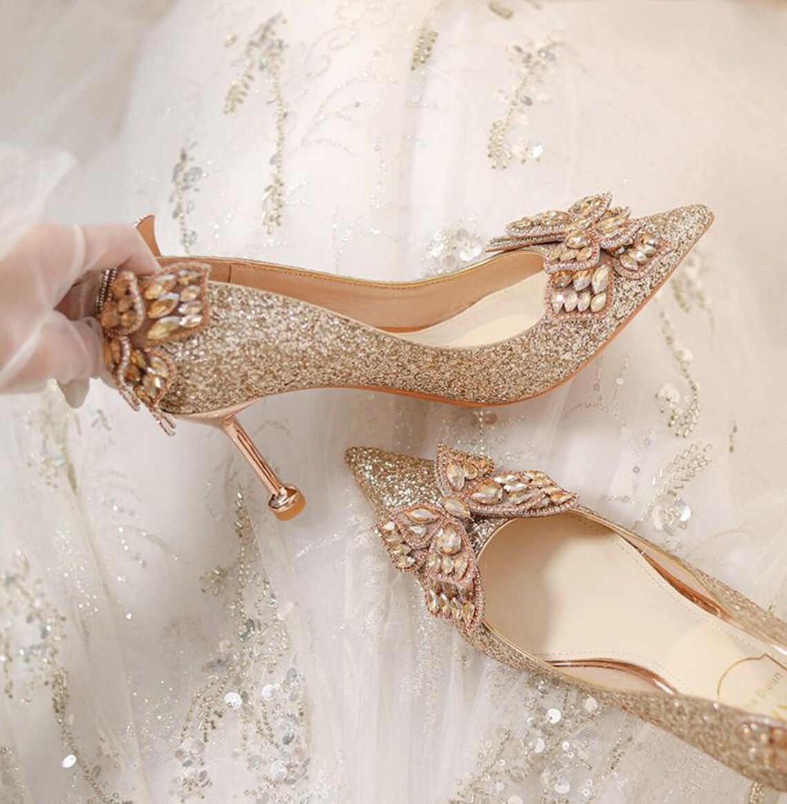 Wedding Shoes, Heeled Shoes, Gold Glitter Bridal Shoes - Etsy