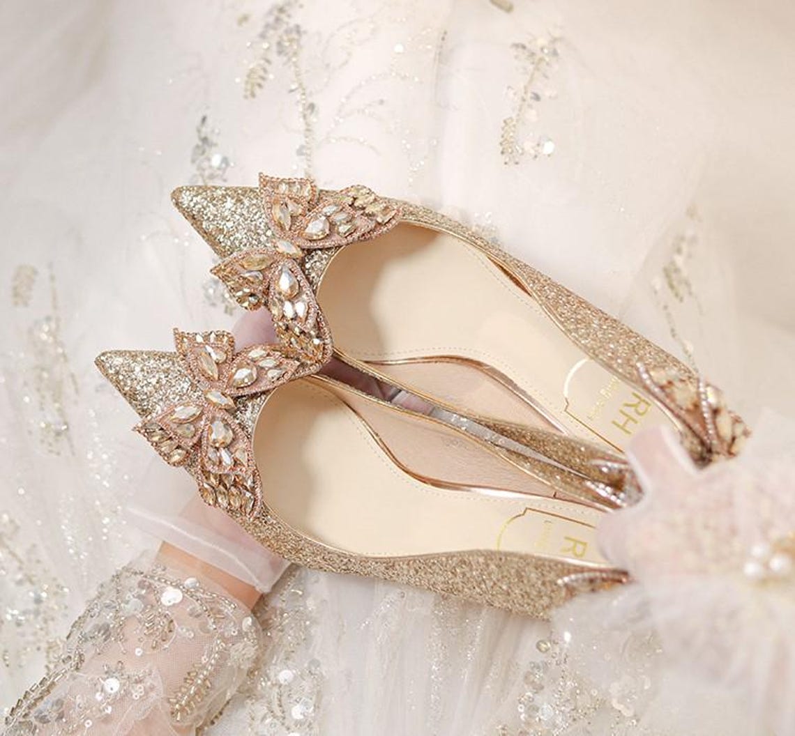 Wedding Shoes, Heeled Shoes, Gold Glitter Bridal Shoes - Etsy