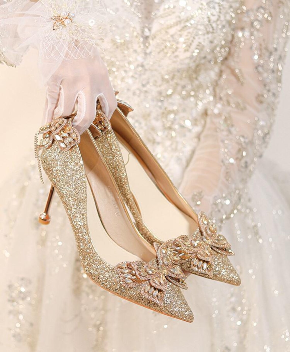 Wedding Shoes, Heeled Shoes, Gold Glitter Bridal Shoes - Etsy