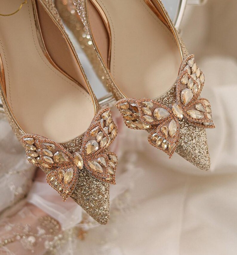 Wedding Shoes, Heeled Shoes, Gold Glitter Bridal Shoes - Etsy