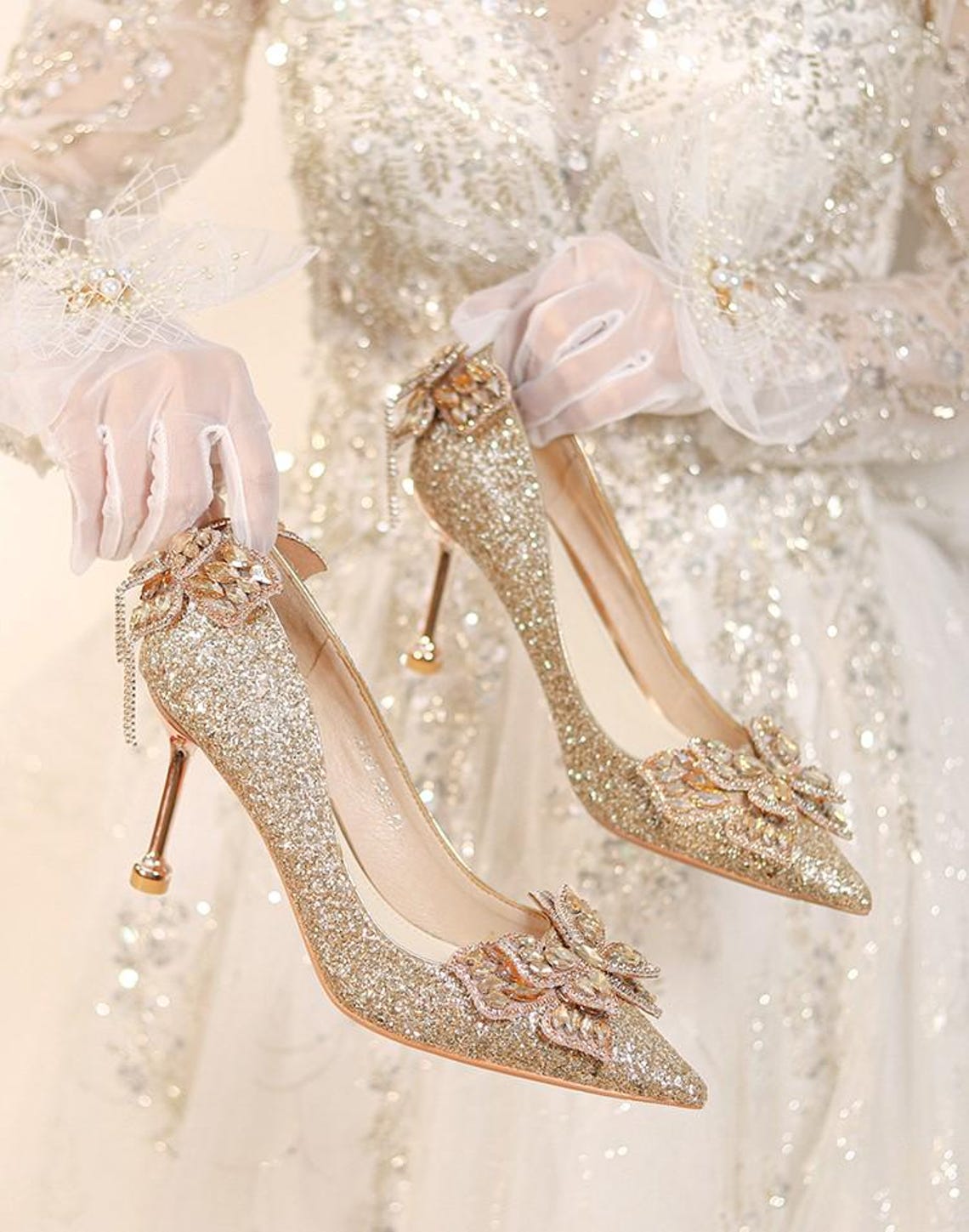 Wedding Shoes, Heeled Shoes, Gold Glitter Bridal Shoes - Etsy