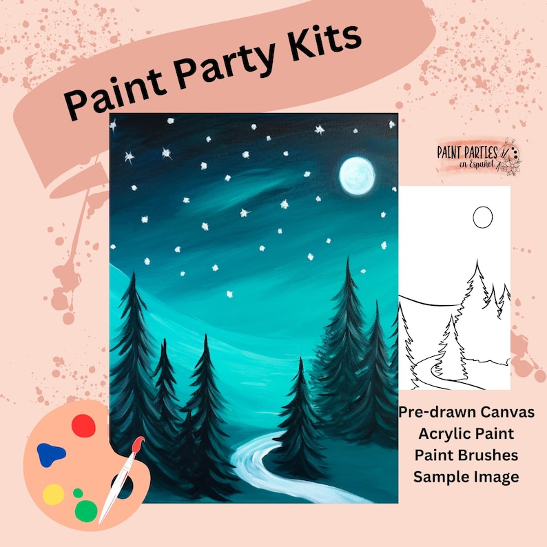 DIY Night Sky Forest Paint Party Kit: Pre-drawn Canvas, Acrylic Paints ...