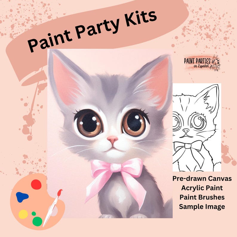 Kitty Paint and Sip Kit Pre-drawn Canvas, Acrylic Paint, Brushes Sample ...