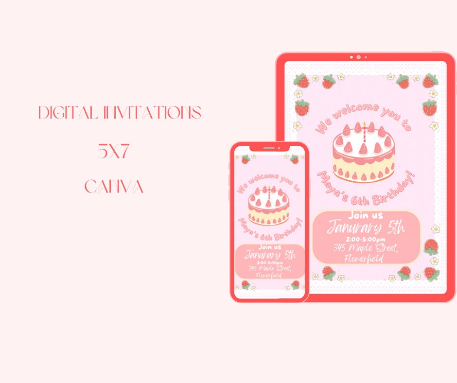 Strawberry Birthday Invitation Template - Etsy