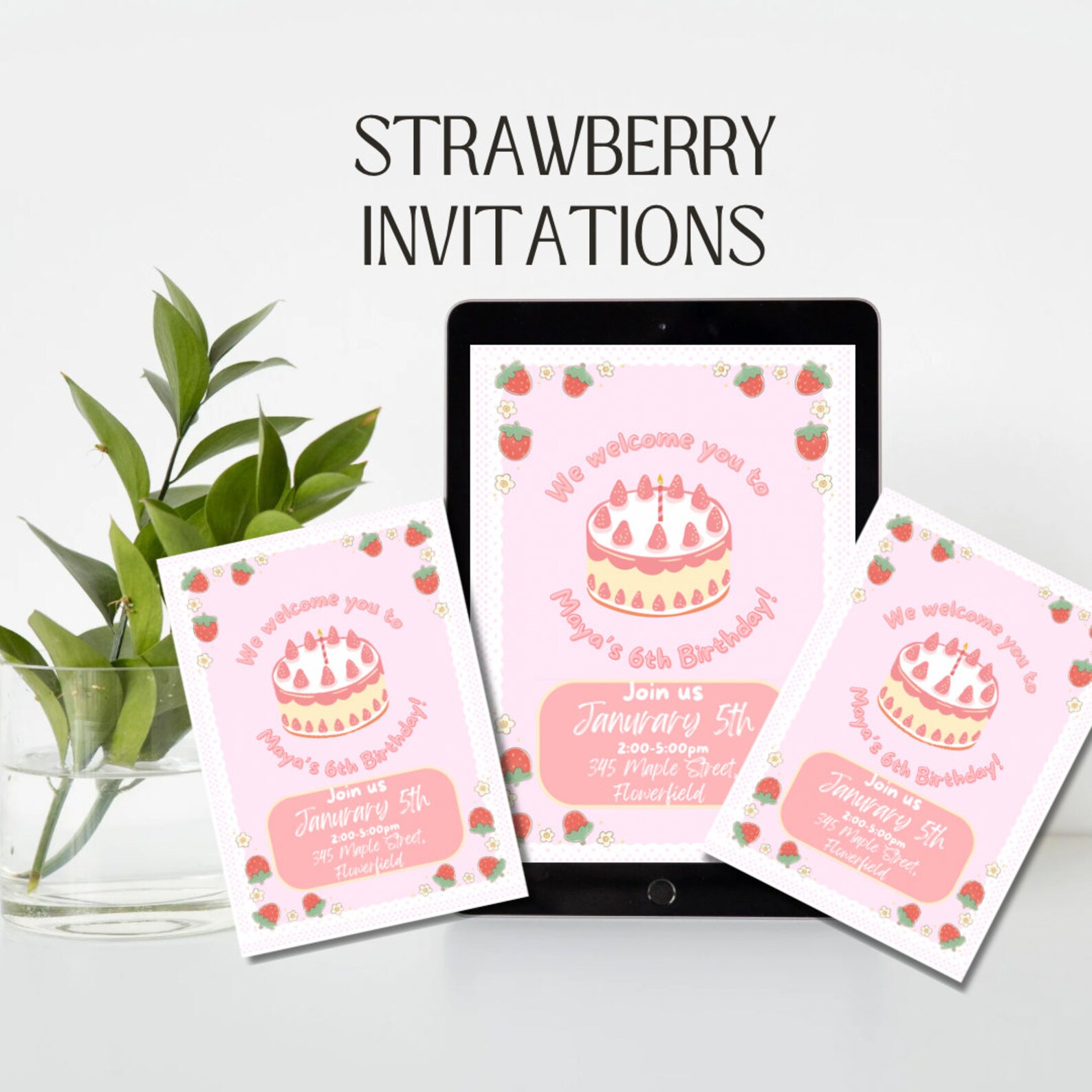 Strawberry Birthday Invitation Template - Etsy