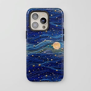 Starry Night Embroidered Look Phone Case, Celestial Night Sky Dark Blue ...