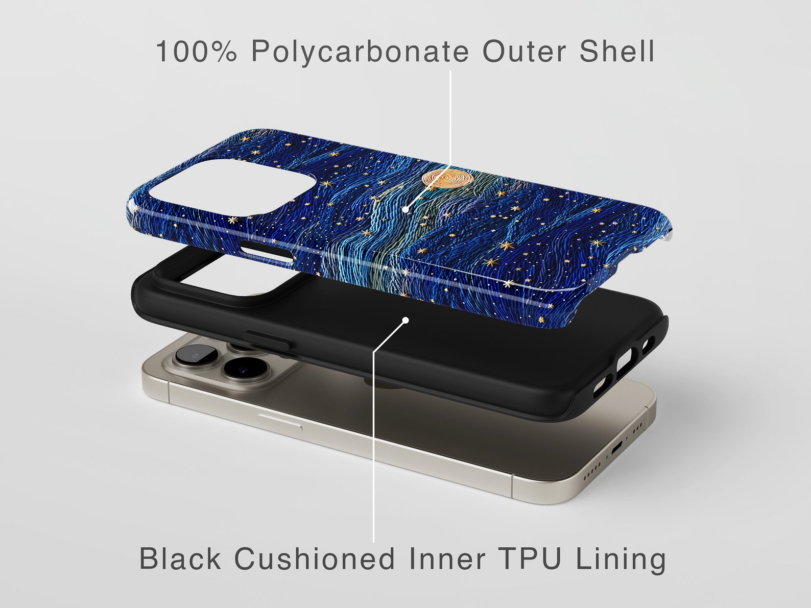 Starry Night Embroidered Look Phone Case, Celestial Night Sky Dark Blue ...