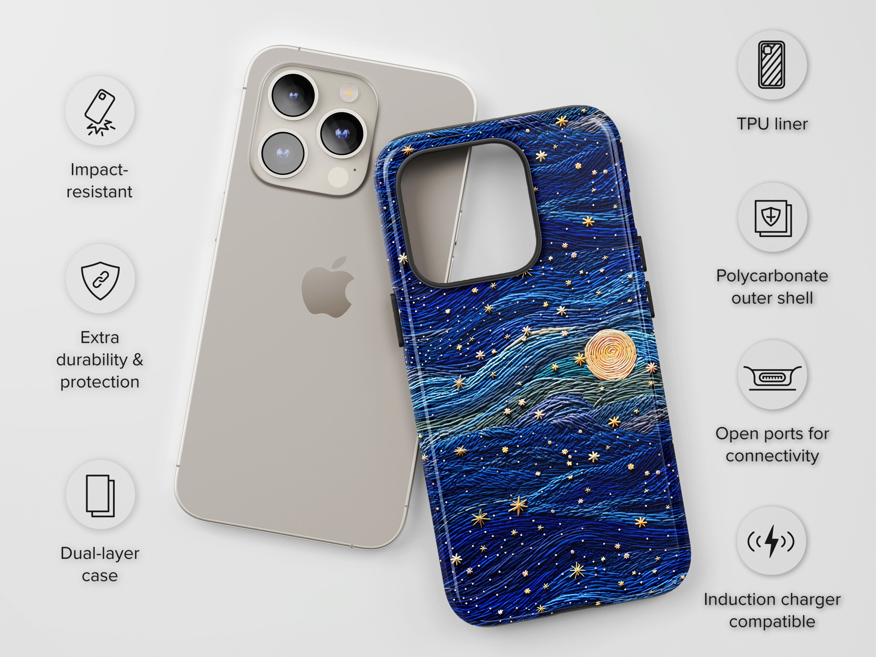 Starry Night Embroidered Look Phone Case, Celestial Night Sky Dark Blue ...