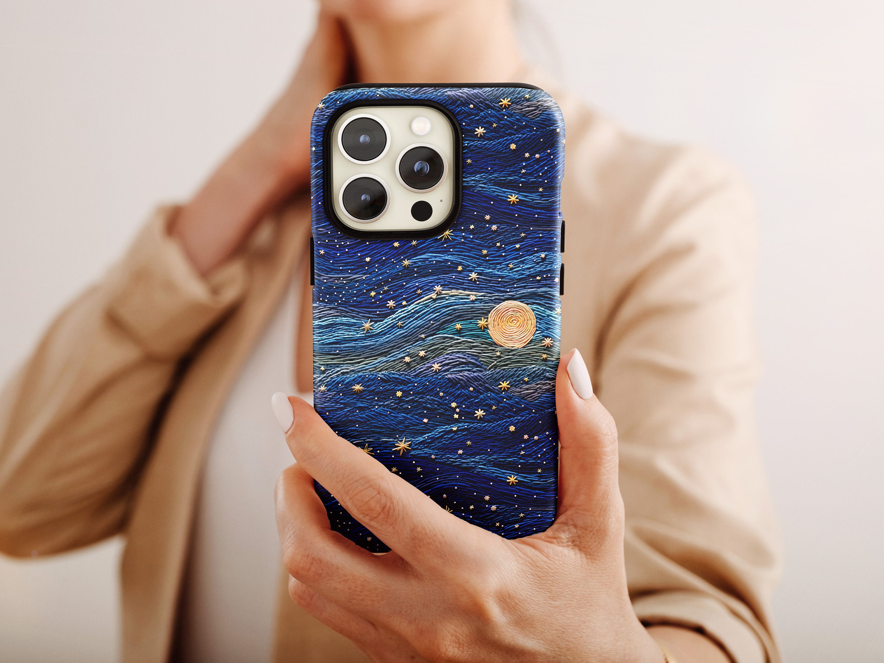 Starry Night Embroidered Look Phone Case, Celestial Night Sky Dark Blue ...