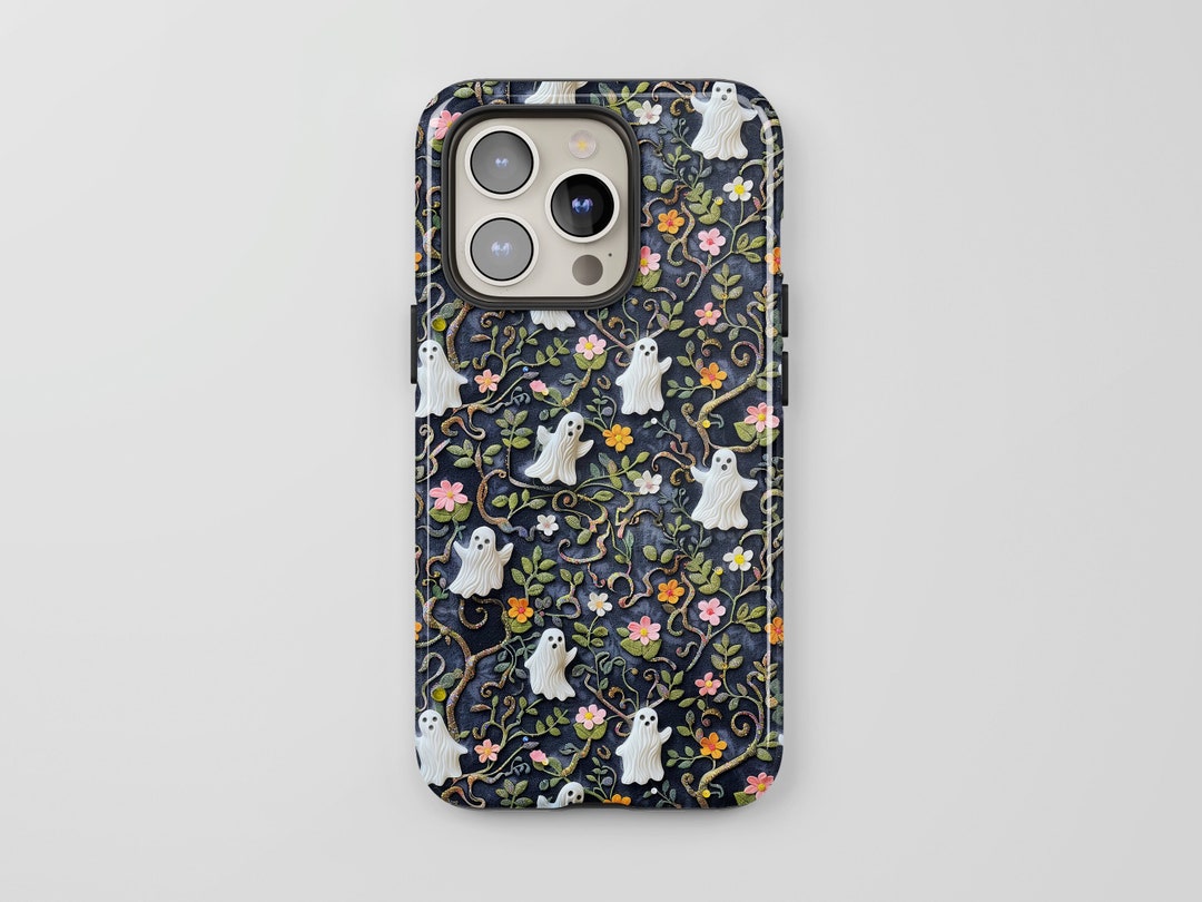 Cute Ghosts and Flowers Phone Case: Faux Glitter Effect, Spooky Floral ...
