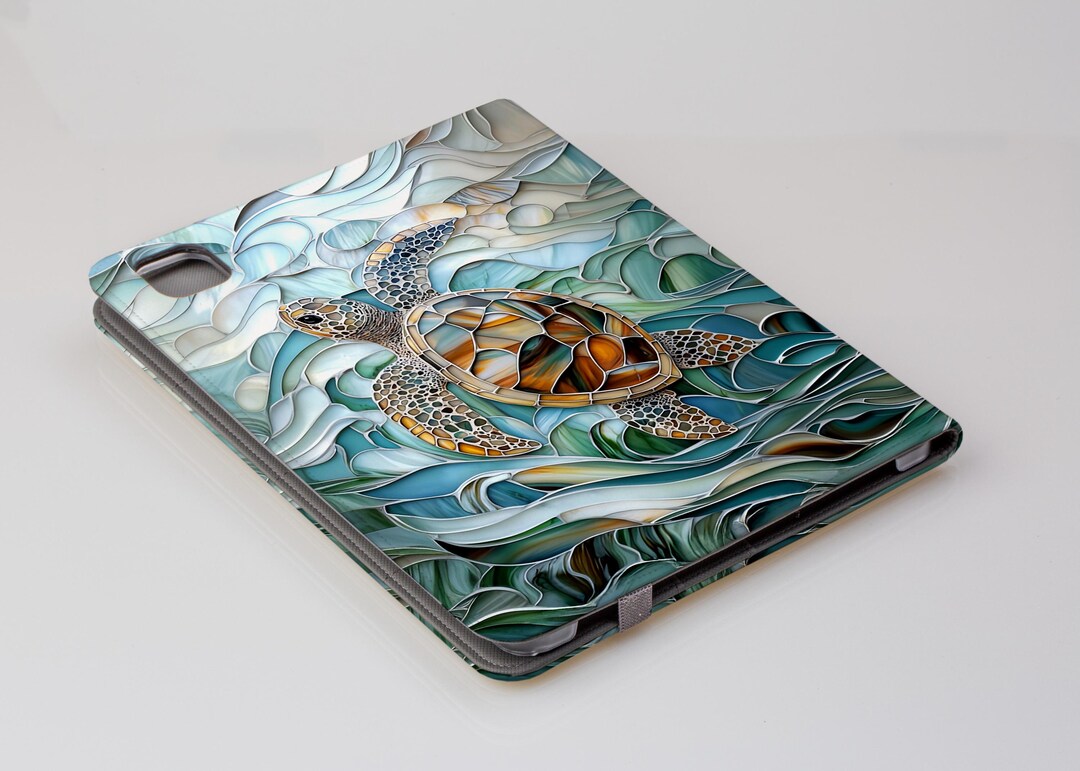 Stained Glass Sea Turtle iPad Case: Vegan Leather Folio, Pencil Holder ...