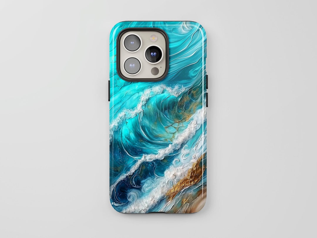 Beach Mosaic Phone Case, Ocean Aesthetic, Sand & Waves, Blue and Gold ...