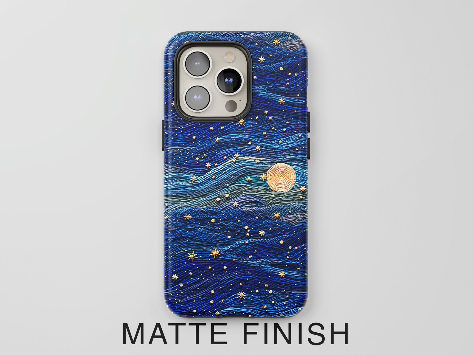 Starry Night Embroidered Look Phone Case, Celestial Night Sky Dark Blue ...