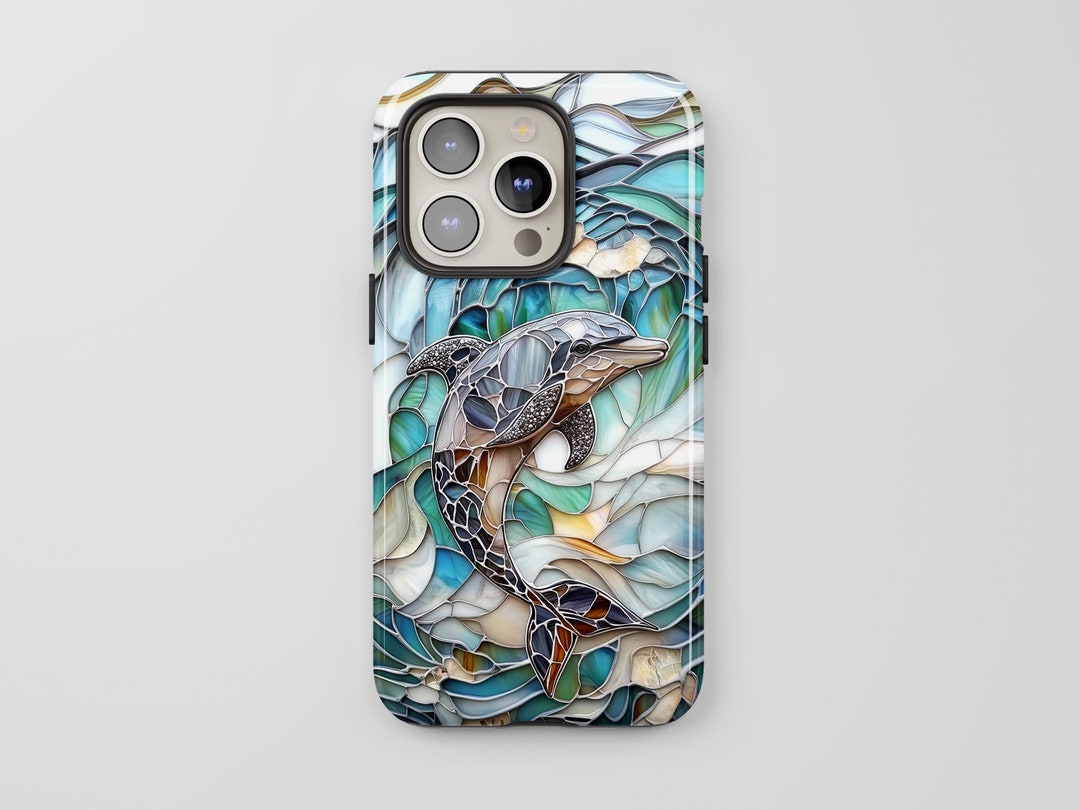 Stained Glass Dolphin Phone Case, Cute Faux Glass Mosaic Ocean Design ...